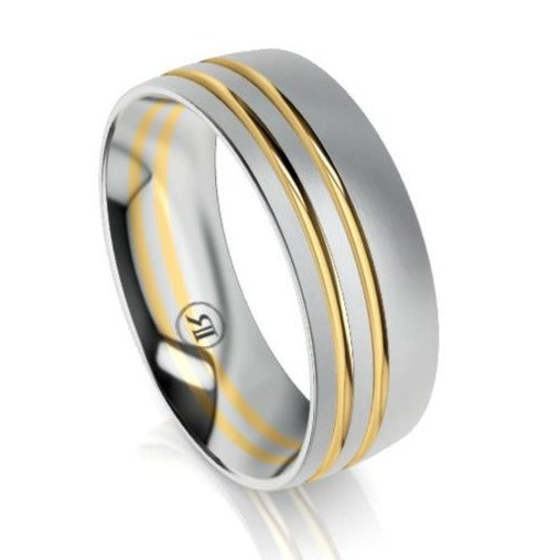 The Ludlow White Gold & Yellow Gold Offset Grooved Wedding Ring – KAVALRI